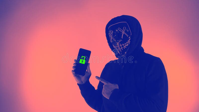 Digital Security Concept. Anonymous Hacker with Mask Holding Smartphone ...