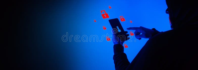 Digital Security Concept. Anonymous Hacker with Mask Holding Smartphone ...