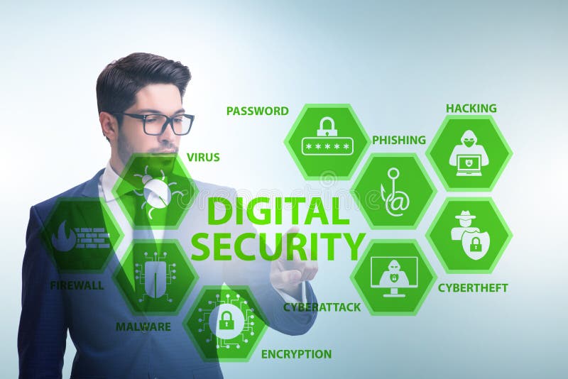 Digital Security Concept with Businessman Pressing Button Stock ...
