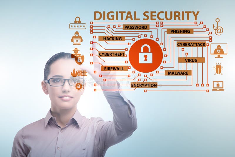 Digital Security Concept with Businesswoman Pressing Button Stock ...