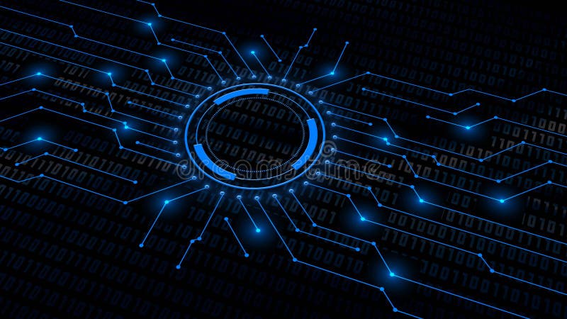 Digital Security Concept - Concentric Rings and Data Circuit Lines in Front of a Binary Code ...