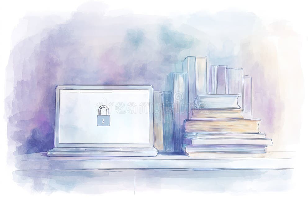 Digital Security Concept Featuring a Locked Laptop beside a Stack of ...