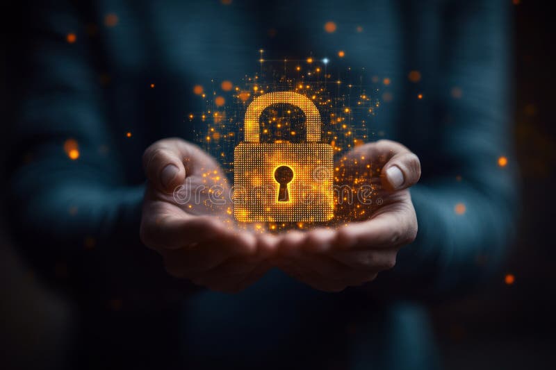 Digital Security Concept with Glowing Lock Held in Hands Against Dark ...