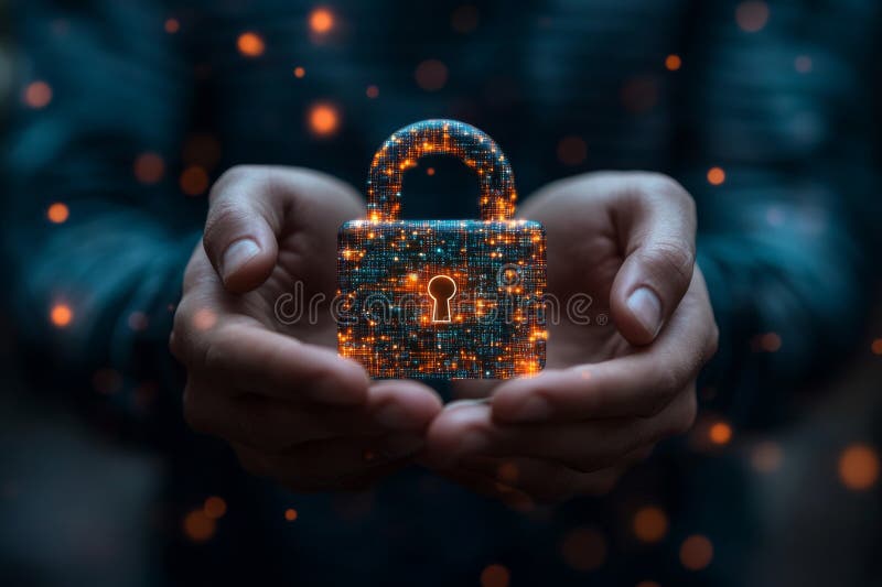 Digital Security Concept with Glowing Lock Held in Hands Against Dark ...