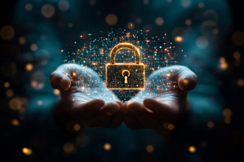 Digital Security Concept with Glowing Lock Held in Hands Against Dark ...