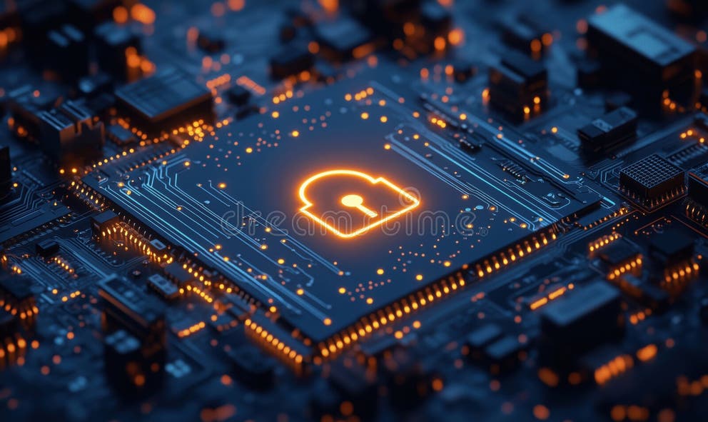 Digital Security Concept with Glowing Lock Symbol on Microchip ...