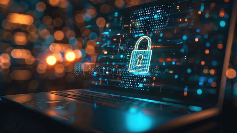 Digital Security Concept, Glowing Padlock Icon Over Encrypted Laptop Data Streams for Privacy ...