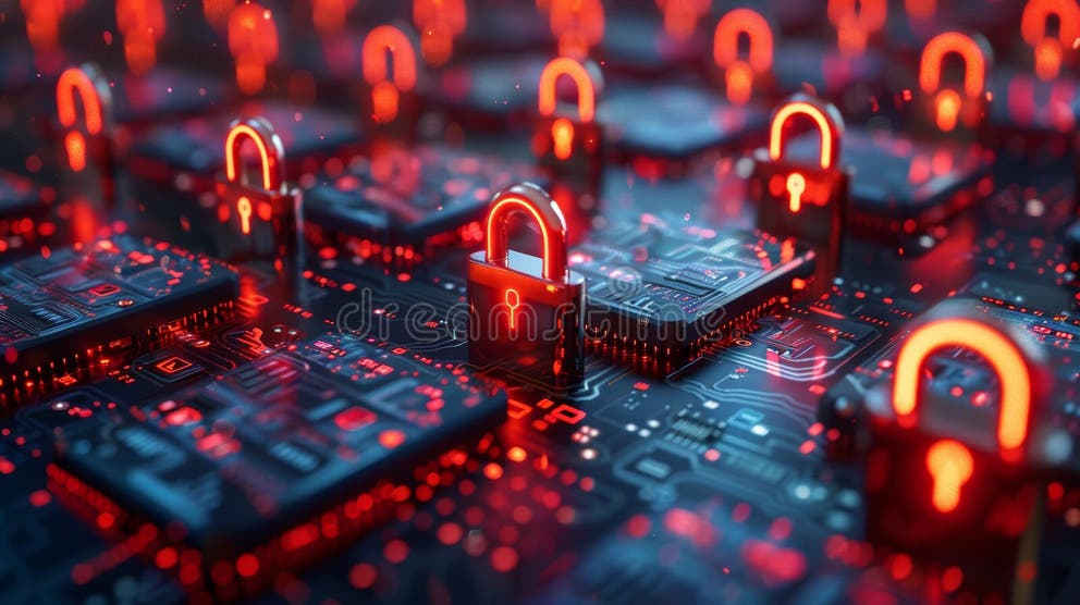 Digital Security Concept with Glowing Red Padlocks on Circuit Boards ...