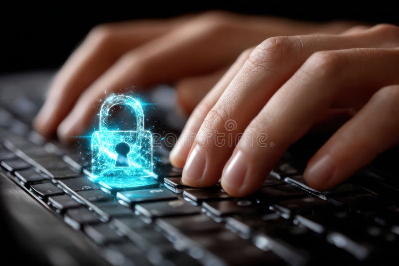 Digital Security Concept with Hands Typing on Keyboard and Glowing Lock ...