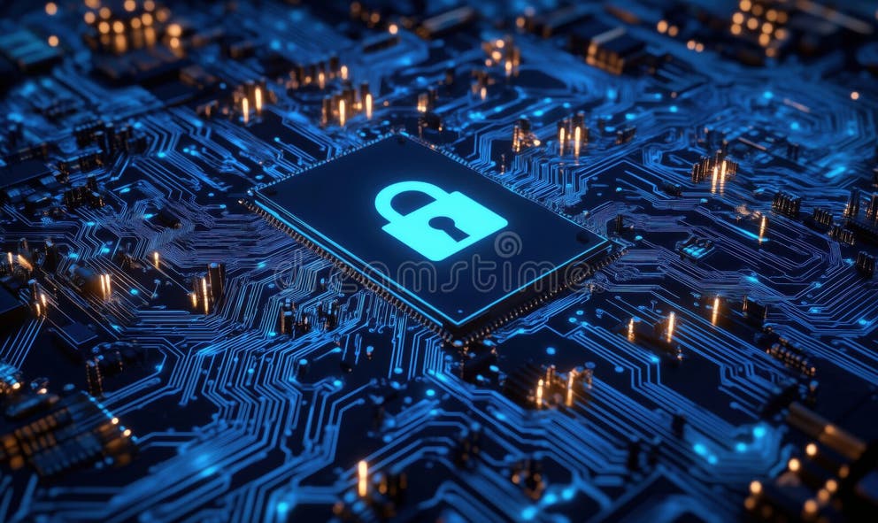 Digital Security Concept with Lock Symbol on Microchip in Blue Circuit ...