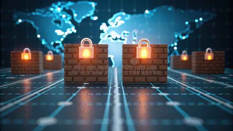 Digital Security Concept with Multiple Locked Brick Walls Illuminated ...
