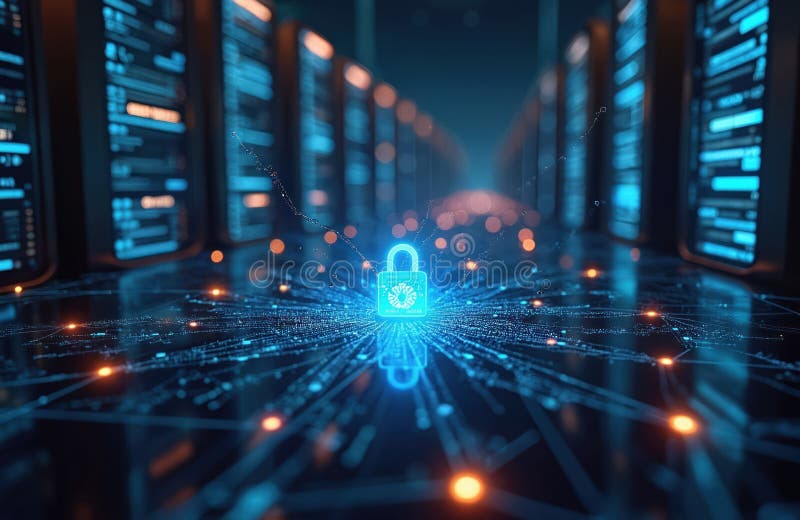 Digital Security Concept with Padlock Glowing. Interconnected Servers, Data Centers, Network ...