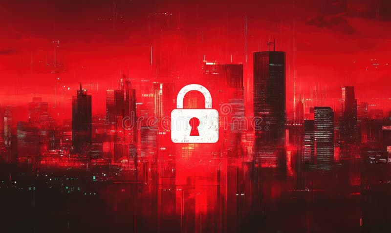 Digital Security Concept with Padlock Symbol Over Red City Skyline ...