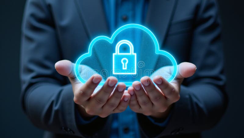 Digital Security Concept Person Holding Glowing Holographic Cloud with Padlock, Innovation, Data ...