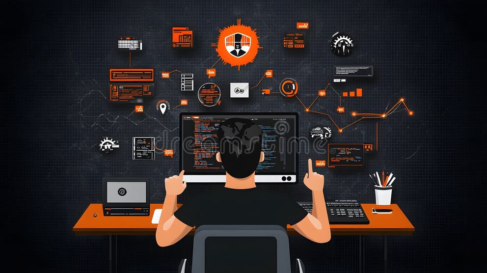 Digital Security Concept with Programmer Analyzing Data on Computer ...