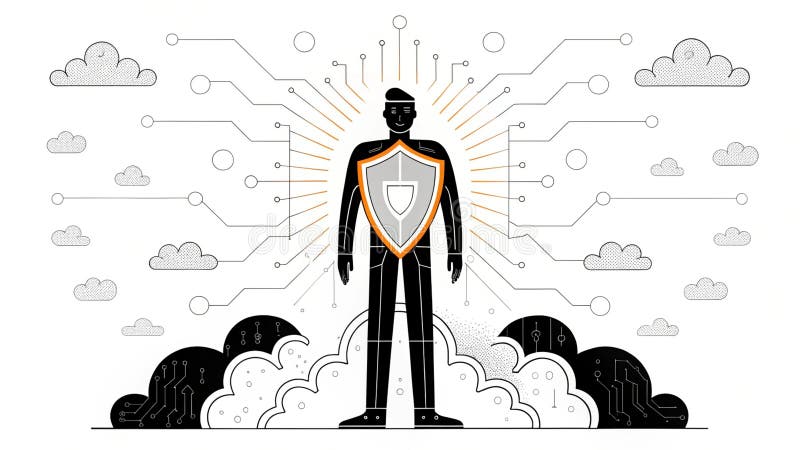 Digital Security Concept with Shield Protecting Figure Amidst Clouds ...