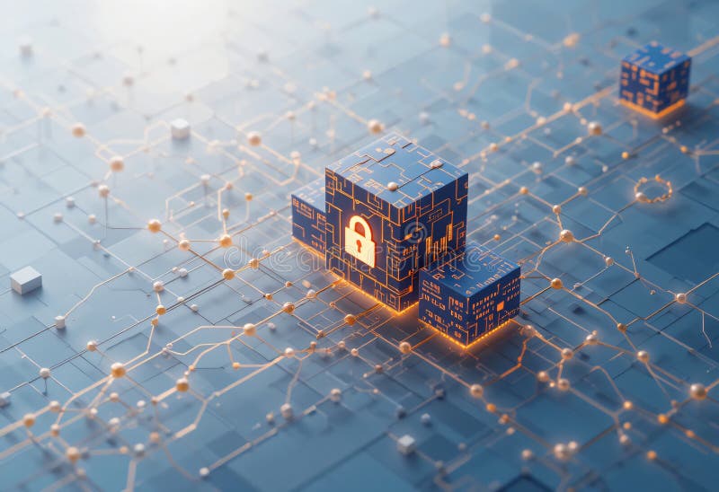 Digital Security Cubes on Network Grid Stock Illustration ...