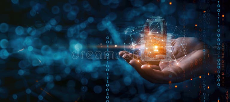 Digital Security: Glowing Padlock in Hand with Cyber Network and Binary ...