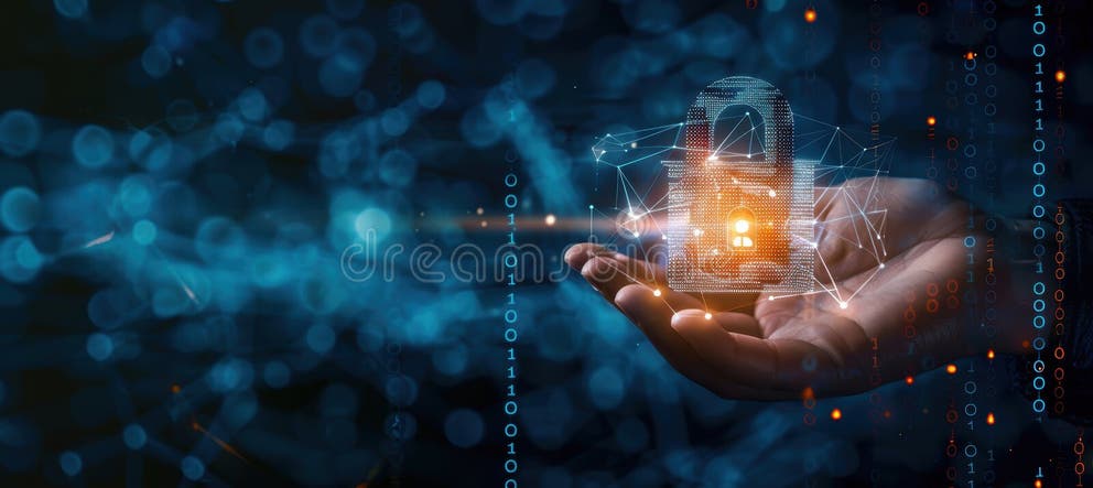Digital Security: Glowing Padlock in Hand with Cyber Network and Binary ...
