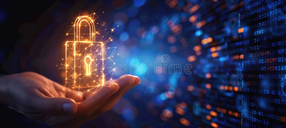 Digital Security: Glowing Padlock in Hand with Cyber Network and Binary Code Patterns Stock ...