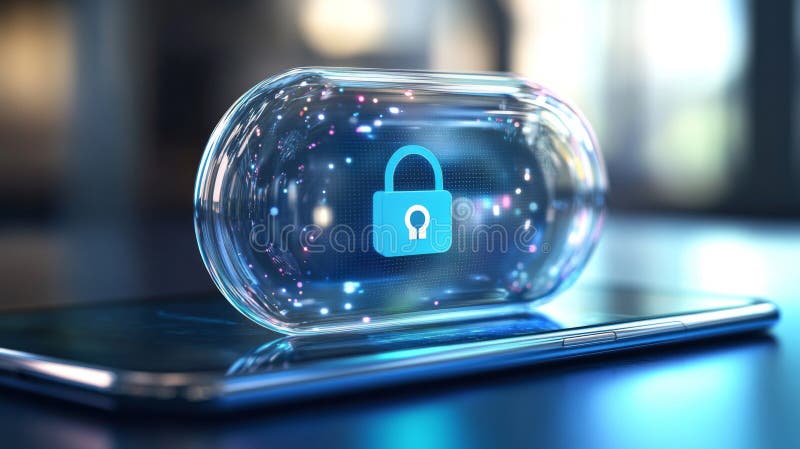 Digital Security Hologram: Blue Capsule Lock on Smartphone Stock ...