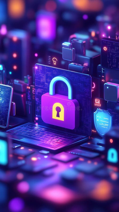 Digital Security Icon Featuring Padlock, Laptop, and Vibrant Colors ...
