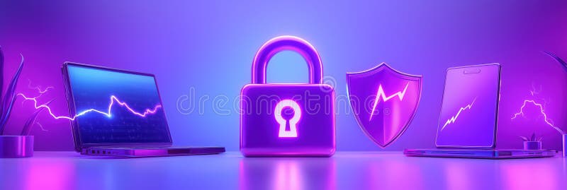 Digital Security Icon Featuring Padlock, Shield, and Devices Stock ...