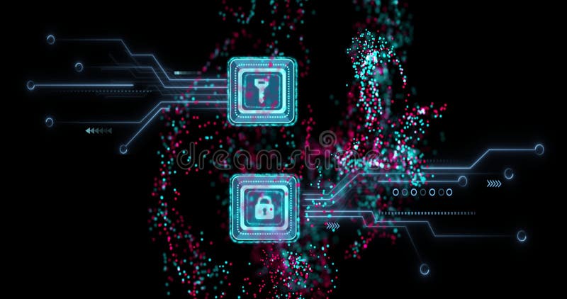 Digital Security Icons and Data Flow with Colorful Particles on Black ...