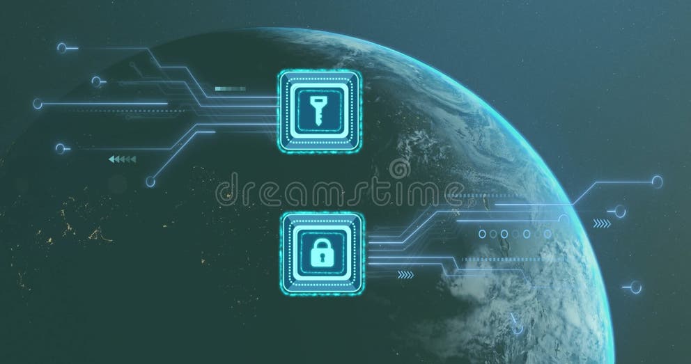 Digital Security Icons Image Over Earth from Space Stock Illustration ...