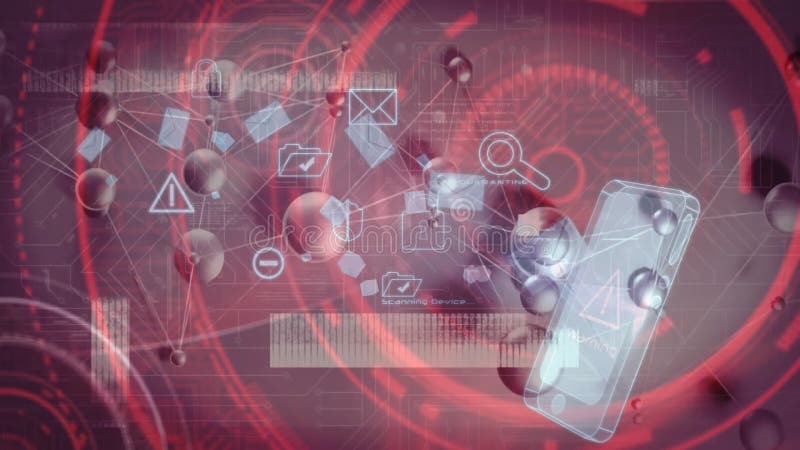 Digital Security Icons and Smartphone Warning Animation Over Red ...
