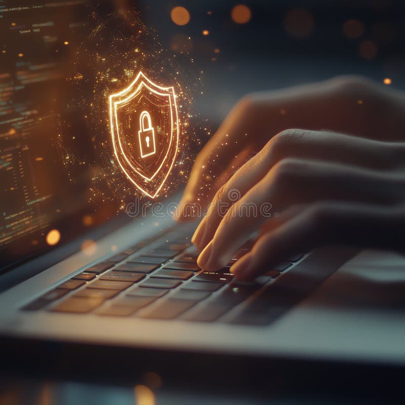 Digital Security Illustration Hands Typing Laptop Shield Icon Stock ...