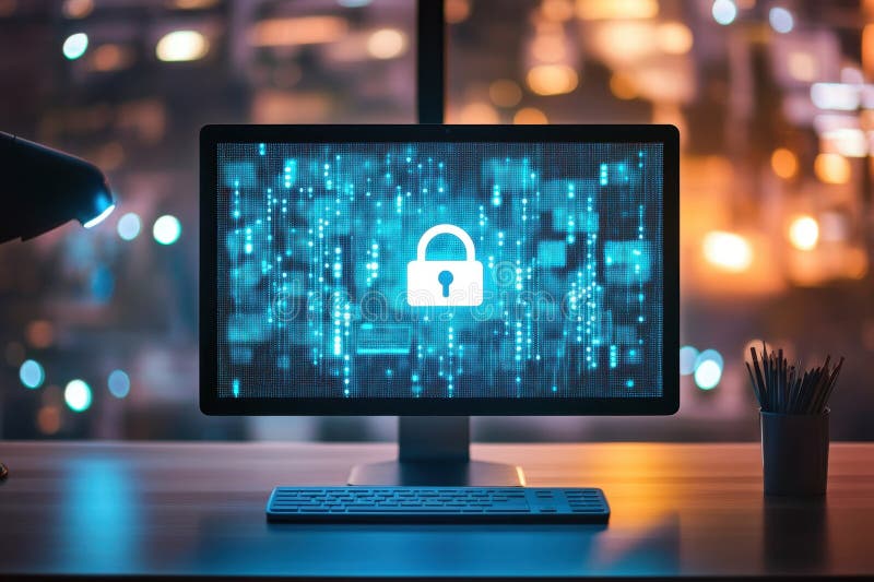 Digital Security Interface With Lock Symbol On Monitor Displaying Colorful Data Patterns Stock