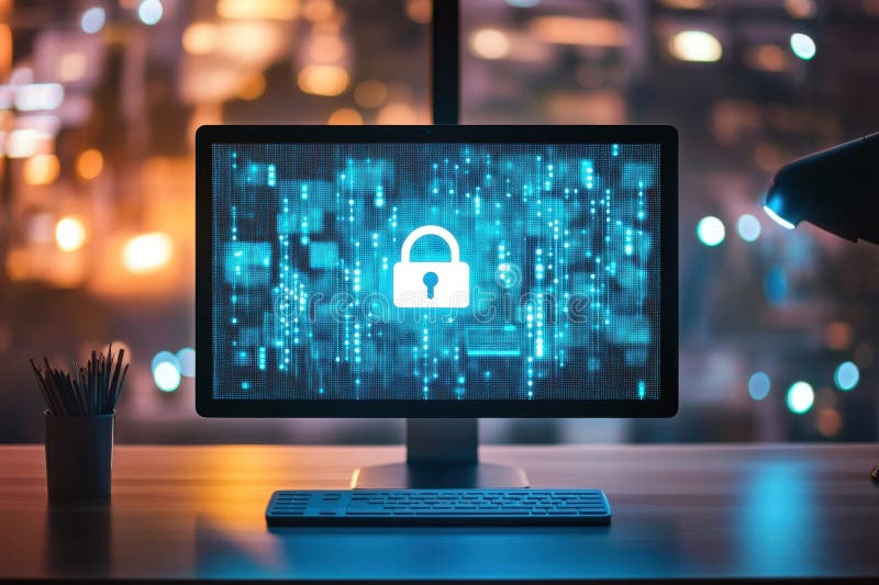 Digital Security Interface with Lock Symbol on Monitor Displaying Colorful Data Patterns Stock ...