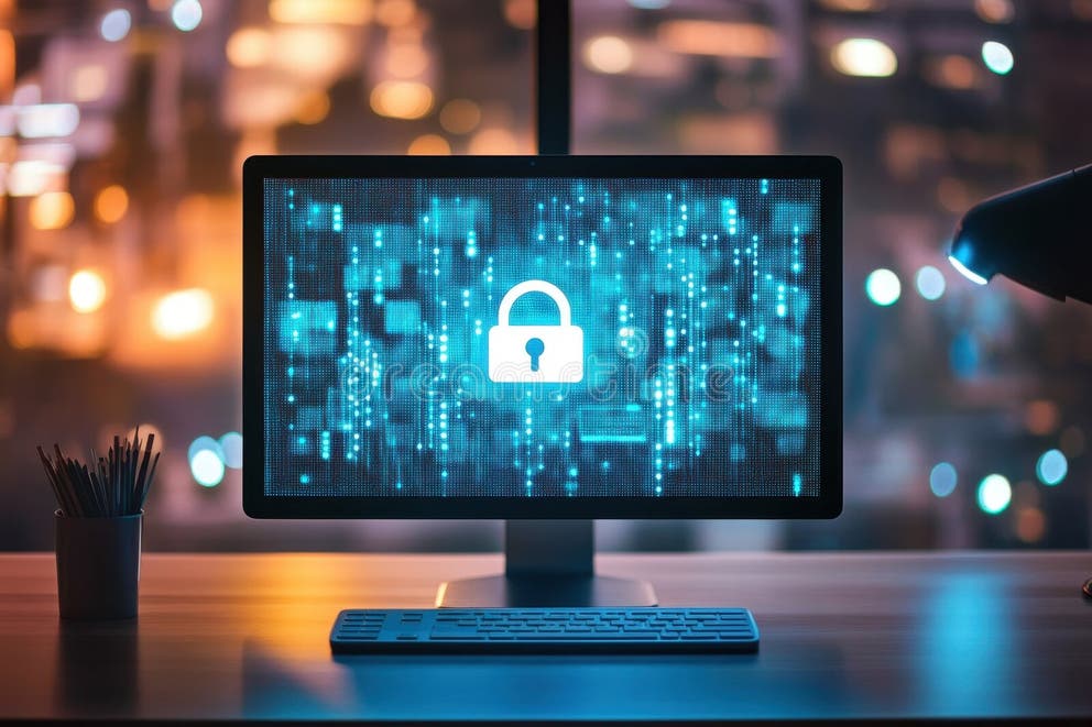 Digital Security Interface with Lock Symbol on Monitor Displaying Colorful Data Patterns Stock ...