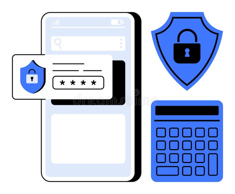 Digital Security Interface with Password Entry, Shield Lock, and Calculator Elements Stock ...