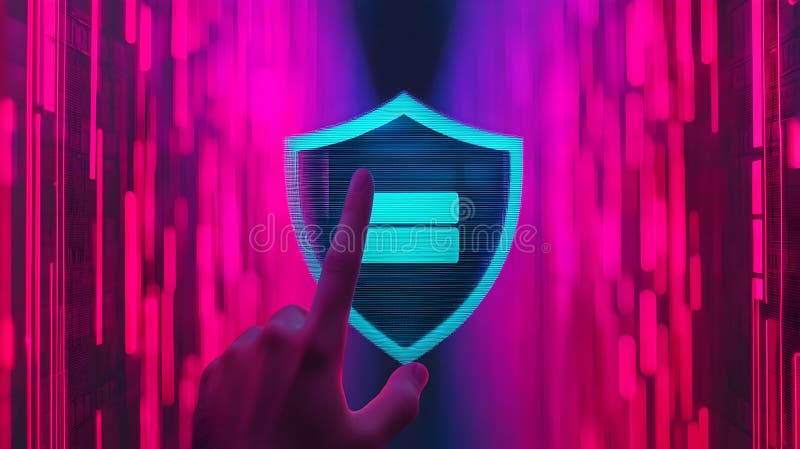 Digital Security Interface, Touching a Shield Icon in a Neon Cyberpunk ...
