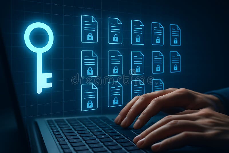 Digital Security Key Accessing Encrypted Documents Stock Illustration ...