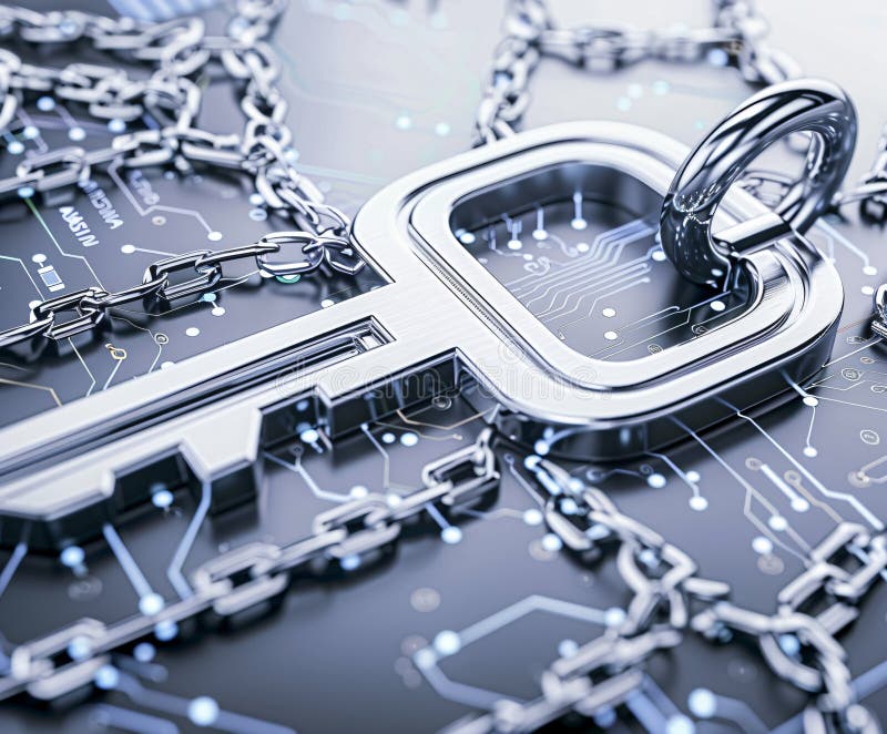 Digital Security Key with Chains on a Circuit Board Stock Photo - Image ...
