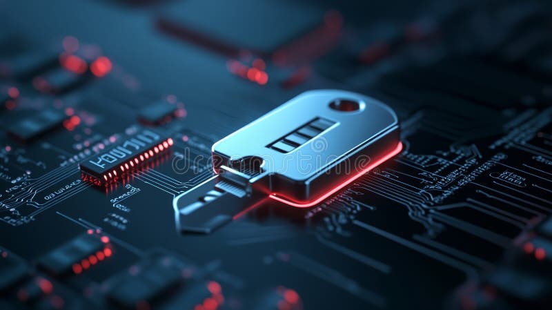 Digital Security Key on Circuit Board Close-up Stock Illustration ...