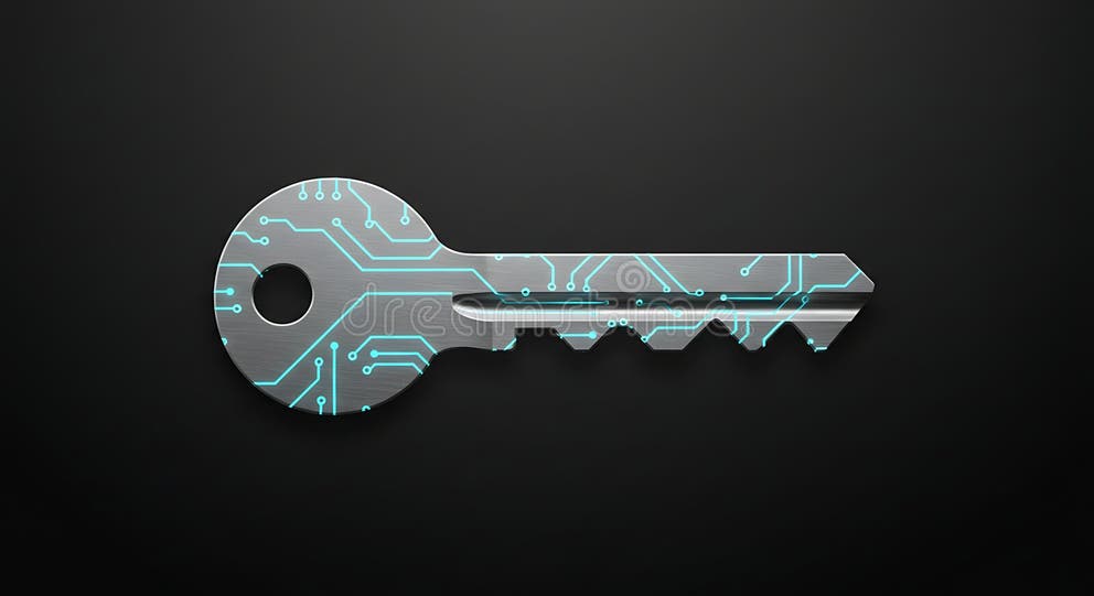 Digital Security Key with Circuit Board Design on Black Background ...
