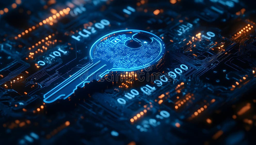 Digital Security Key with Circuit Pattern Blue Binary Background Stock ...