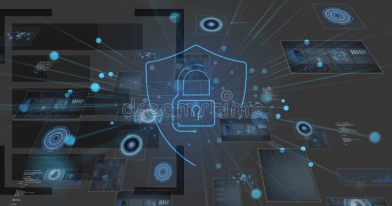 Digital Security Lock Animation Over Various Technology Images and Data Points Stock Footage ...