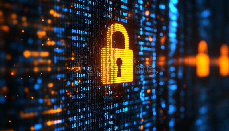 Digital Security Lock on Binary Code Background, Cybersecurity Concept. 3D Illustration Stock ...