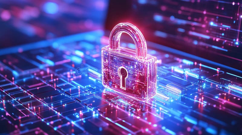 Digital Security Lock on Futuristic Circuit Board Background with Neon ...