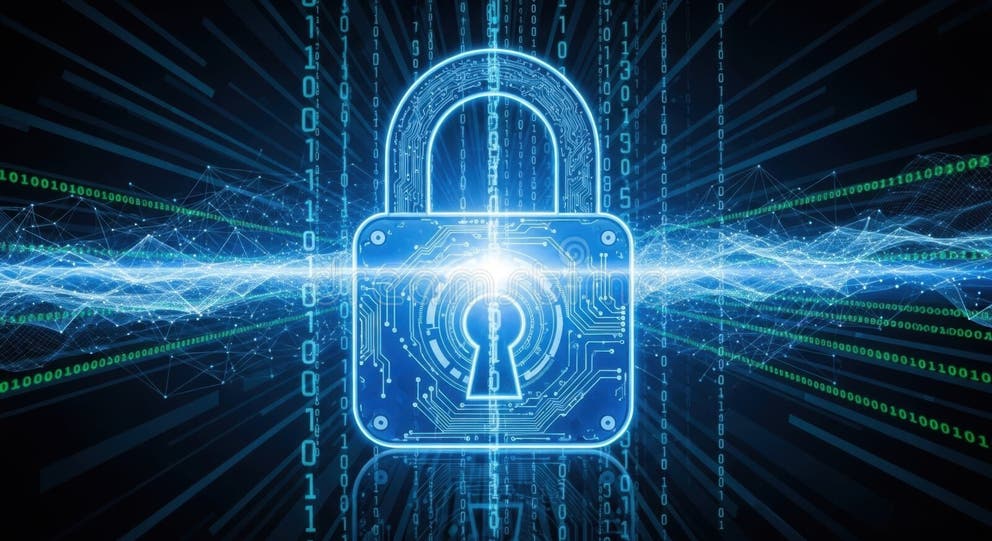 Digital Security Lock with Glowing Blue Lines and Binary Code Stock ...