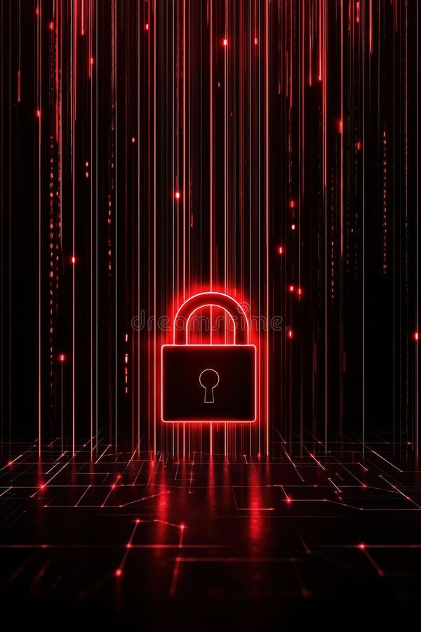 Digital Security Lock Illuminated in Red Against a Dark, Matrix-like ...