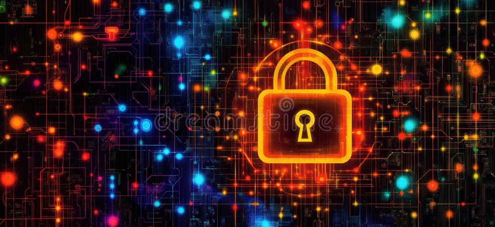 Digital Security Lock Symbol on Vibrant Abstract Technology Background with Glowing Circuits ...