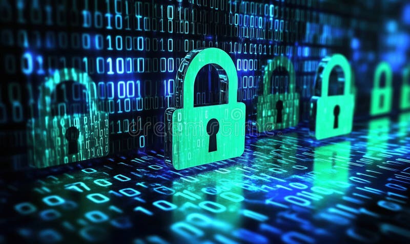 Digital Security Locks With A Binary Code Background Representing Data Protection Encryption