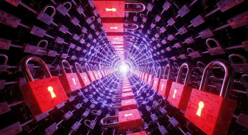 Digital Security Maze Red Padlocks Endless Tunnel Data Protection Cyber Defense Network Security ...