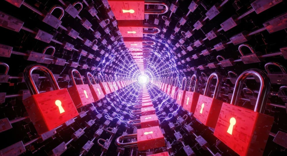Digital Security Maze Red Padlocks Endless Tunnel Data Protection Cyber ...